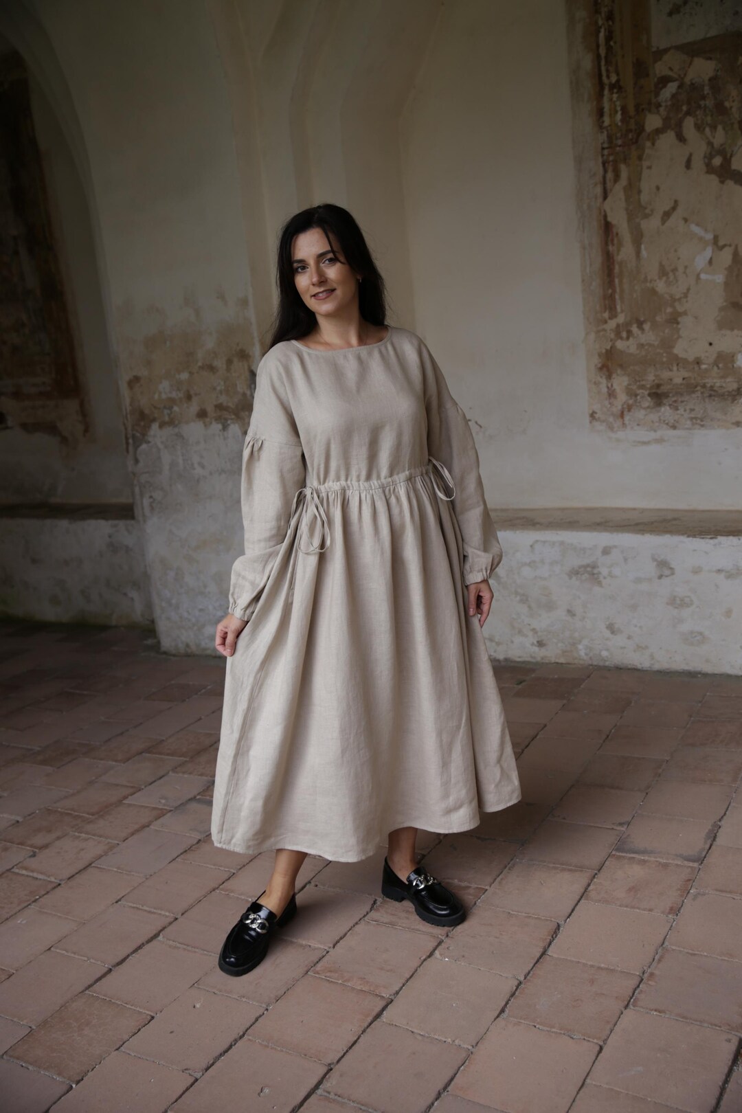Long Linen Maxi Dress, Ruffle Sleeves, Boho Fall Winter Dress - Etsy