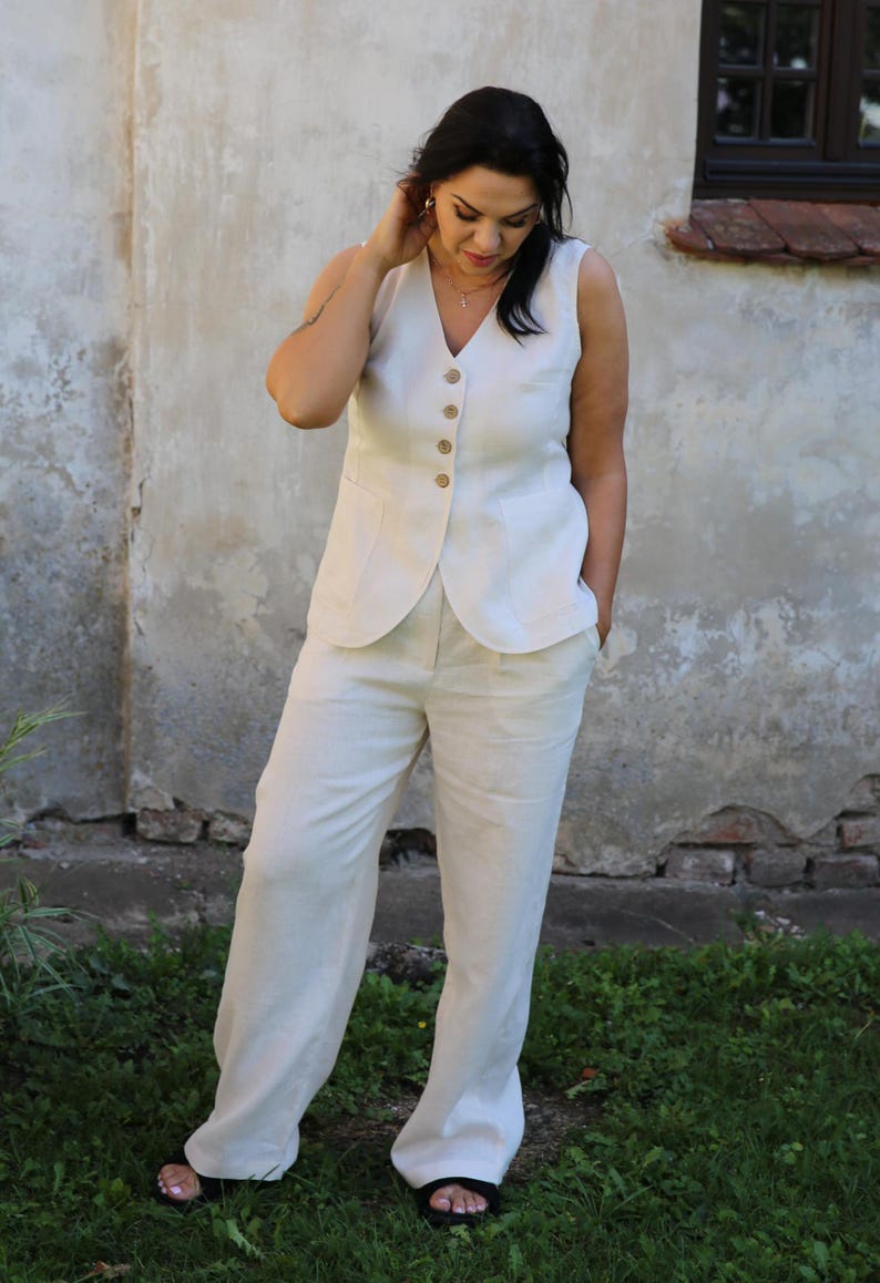 Linen Vest and Pants Set Cream, Women’s Linen Two Piece Suit, Ready to ...