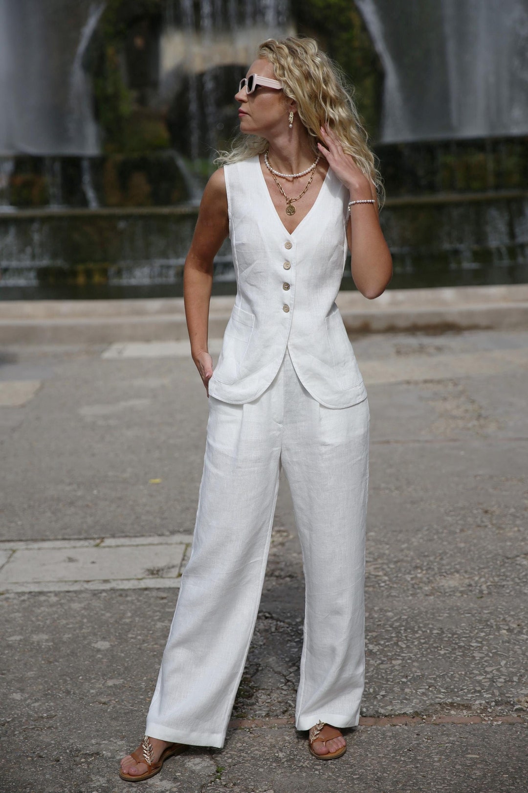 Linen Suit Cremona, White Linen Pantsuit for Women, White Pants Vest ...