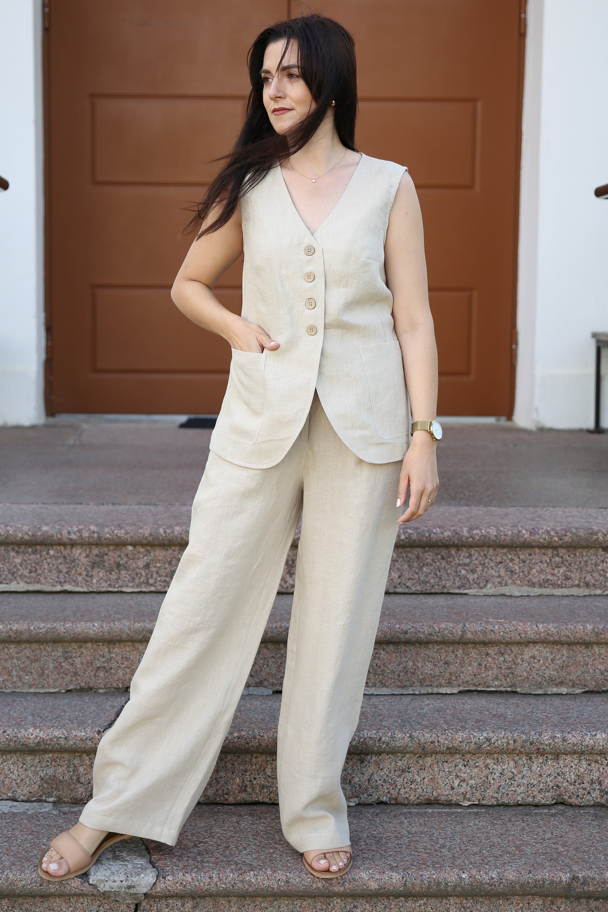 Linen Suit Cremona, Pale Sand Linen Pantsuit for Women, Vest and Pants ...