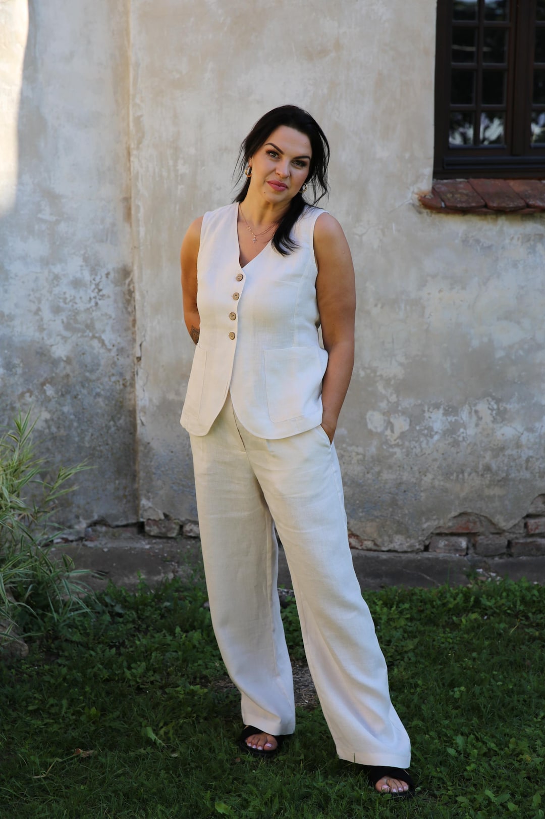 Cream Linen Vest and Pants Set, Women's Two Piece Suit (L, XL) - Etsy