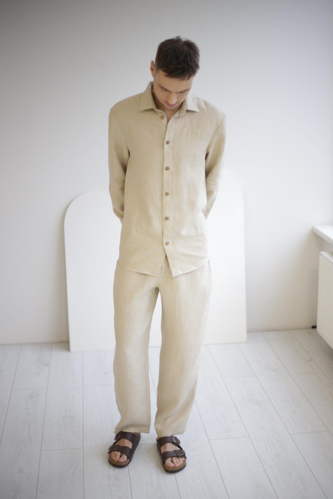 Men's Linen Suit Outfit - Shirt and Pants Matching Set for Man, Formal ...