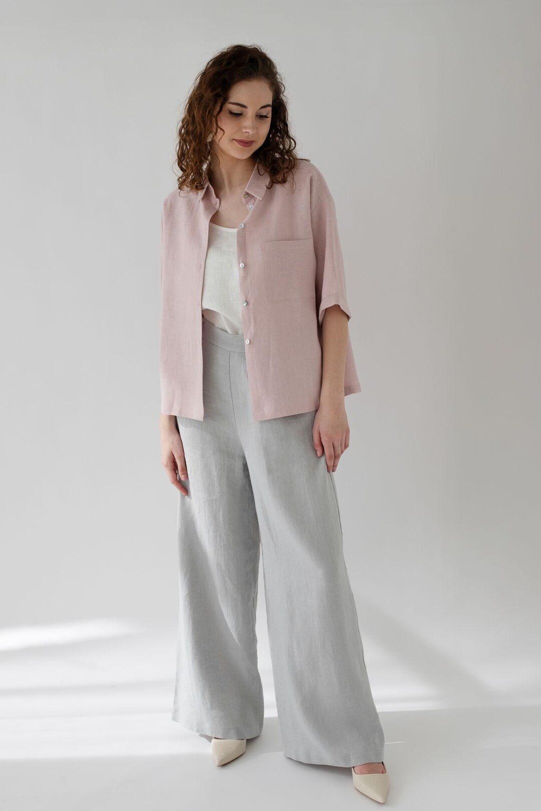Women's Linen Boxy Top POSITANO, Oversized Shirt, White Pink Linen ...