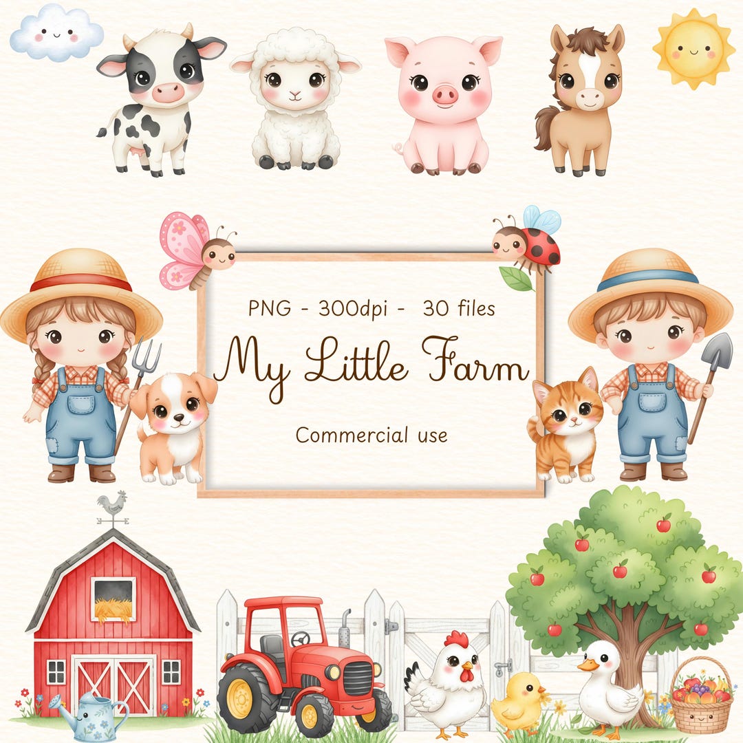 Watercolor Cute Farm Clipart, Farm Life Clip Art, Cottage Farm Animals ...