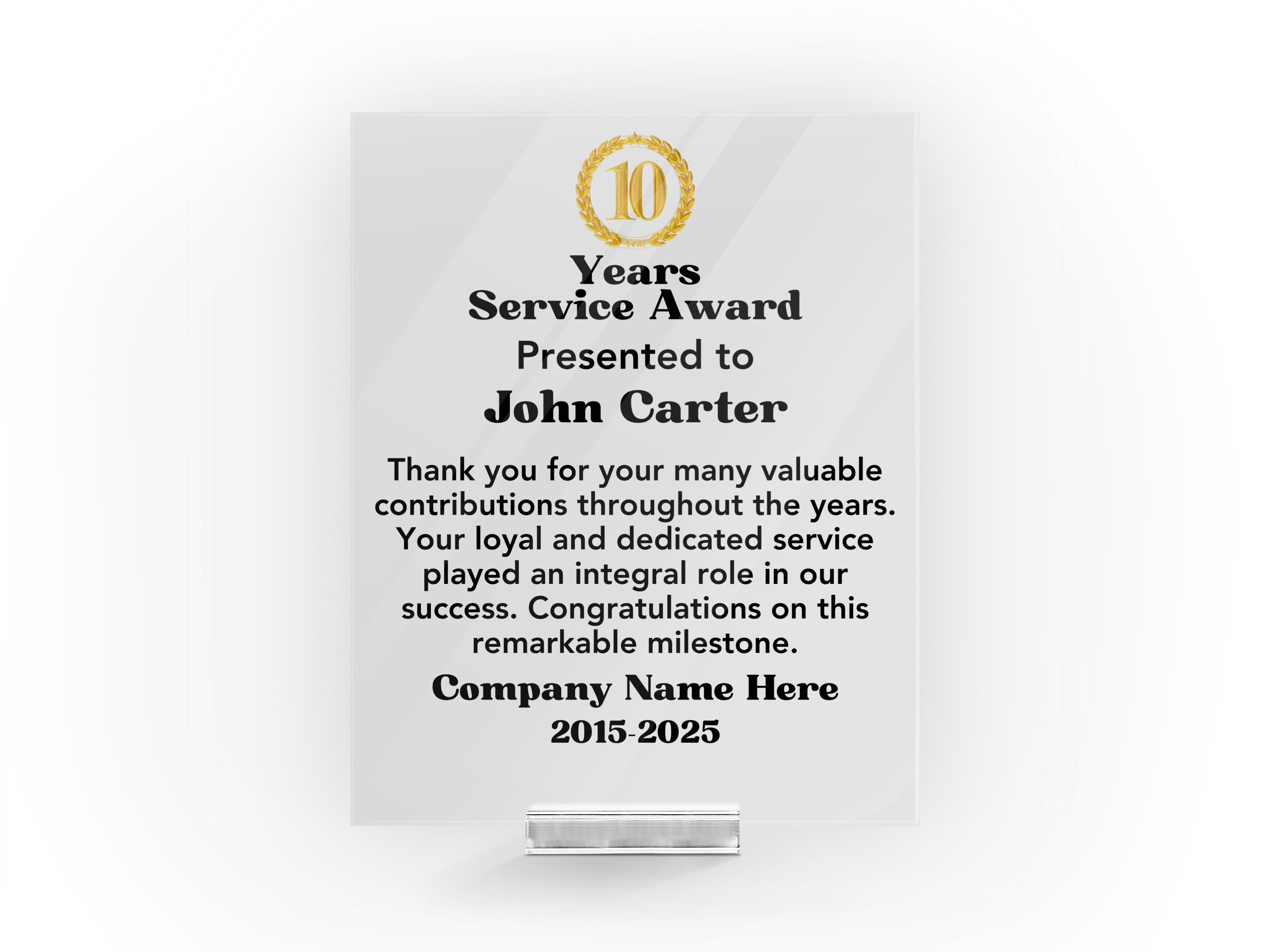 Personalised 10th Work Anniversary Plaque With Stand-employee Recognition Award- Employee ...