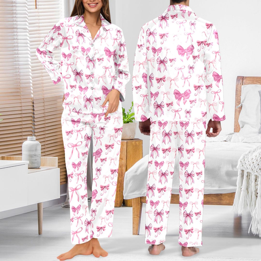 Coquette Pink Bow Cute Pajamas Set, Girly Matching Pajama Set, Pink Bow ...