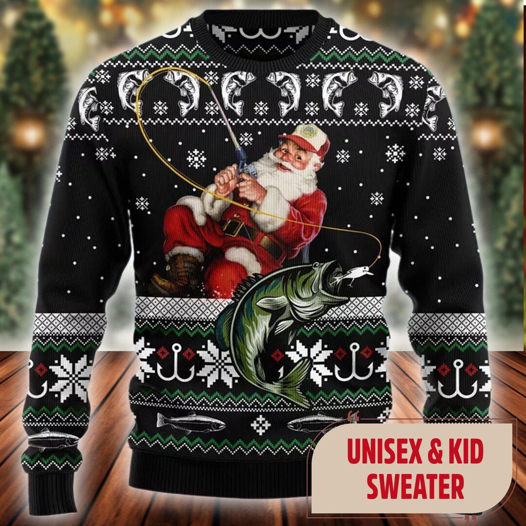 Santa Claus Fishing Merry Ugly Christmas Sweater, Fishing Christmas ...