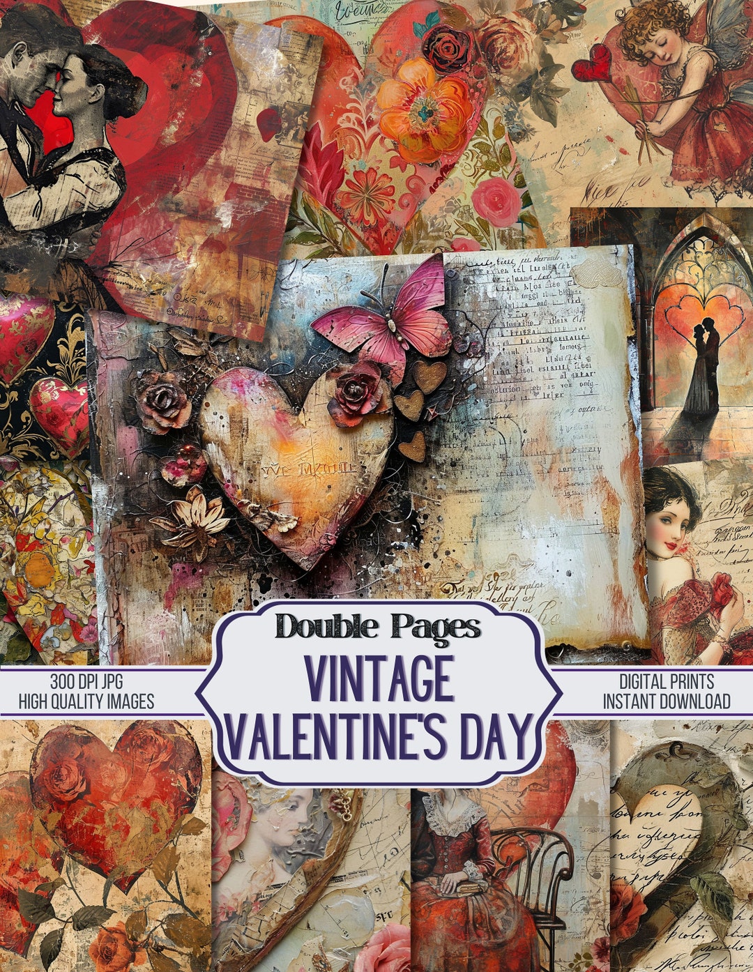 Vintage Valentine's Day Junk Journal Double Papers, 22 Valentine ...