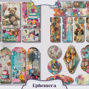 Vivid Birthday Memories Junk Journal Ephemera Kit, Tickets, ATC, Tags ...