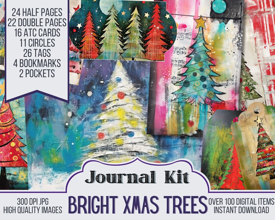 Bright Christmas Trees Junk Journal Kit Ephemera, ATC, Tags, Pocket ...