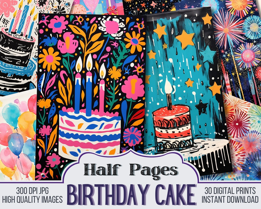 Birthday Cake Junk Journal Half Papers, Journal Scrapbook Supply - 30 ...