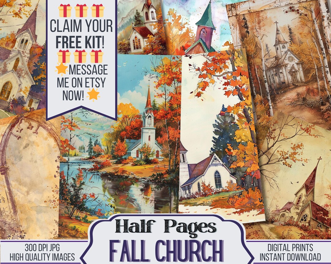 Fall Church Autumn Junk Journal Supplies, Fall Printable Pages, Autumn ...