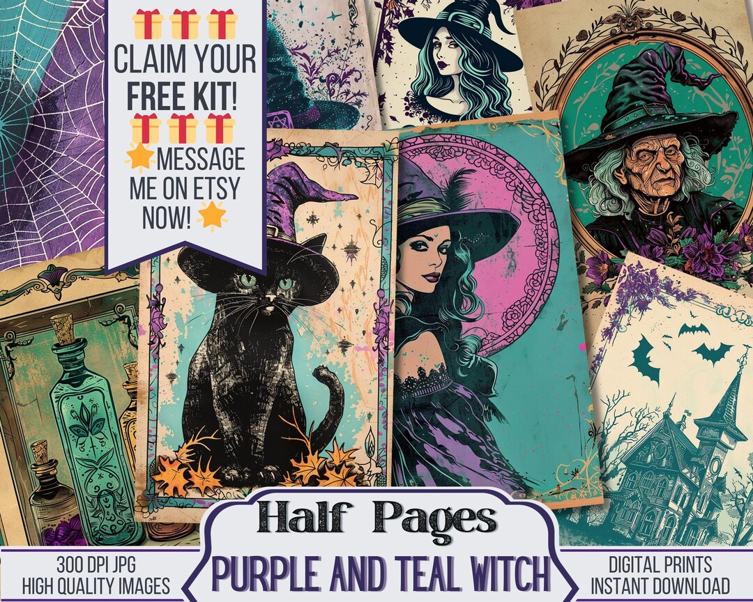 Purple and Teal Witch Halloween Junk Journal Pages, A5 Junk Journal ...