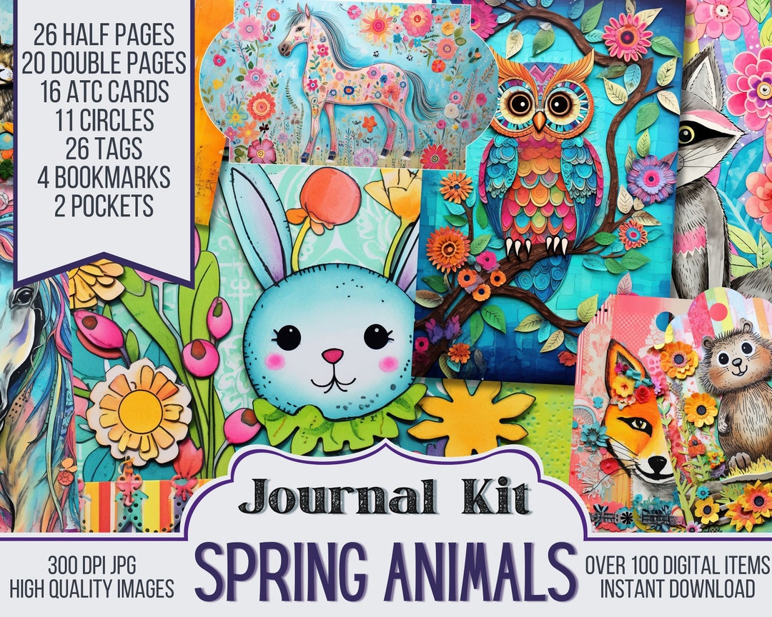 Spring Animals Junk Journal Kit Ephemera, ATC, Tags, Pocket, Scrapbook ...