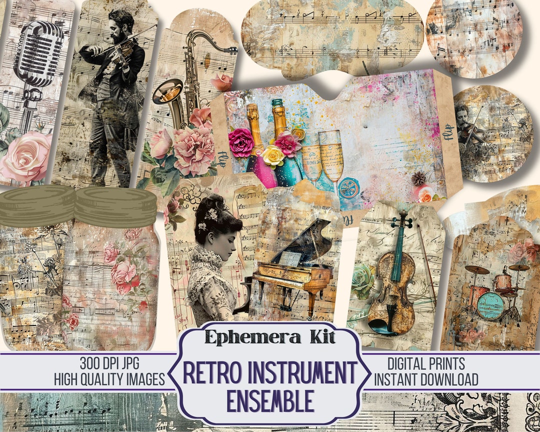 Retro Instrument Ensemble Junk Journal Ephemera Kit, Tickets, ATC, Tags ...
