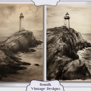 Pencil Drawn Old Lighthouse Vintage Junk Journal Half Papers, Scrapbook ...
