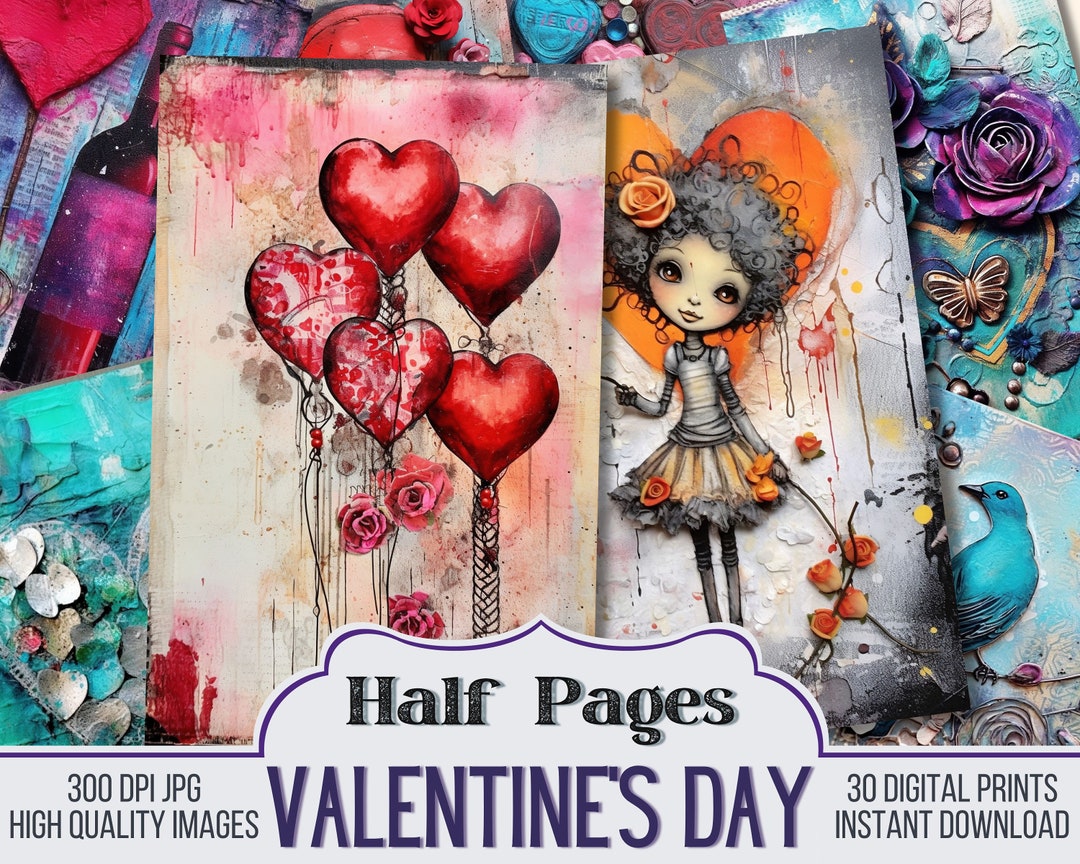 Valentine's Day Collage Vintage Junk Journal Half Papers, Scrapbook ...