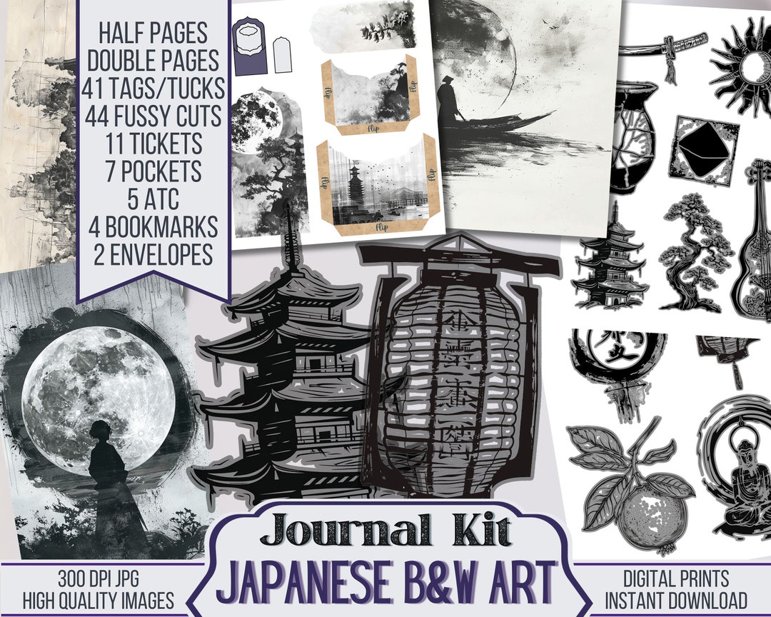 Japanese Black and White Art Junk Journal Digital Bundle, Asian ...