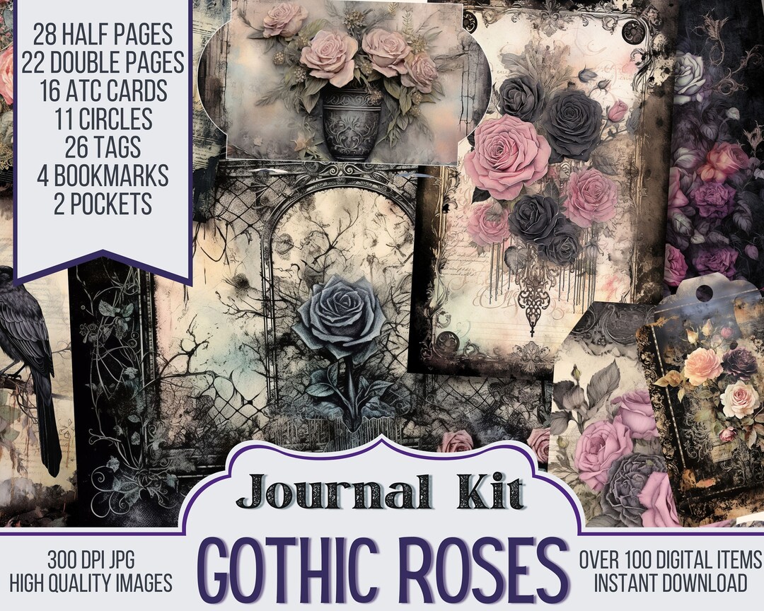 Gothic Roses Dark Journal Kit Ephemera, ATC, Tags, Pocket, Scrapbook ...