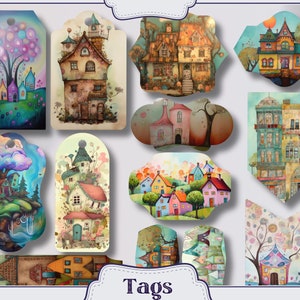 Quirky Houses Junk Journal Ephemera, ATC Cards, Tags, Pocket, Circles ...