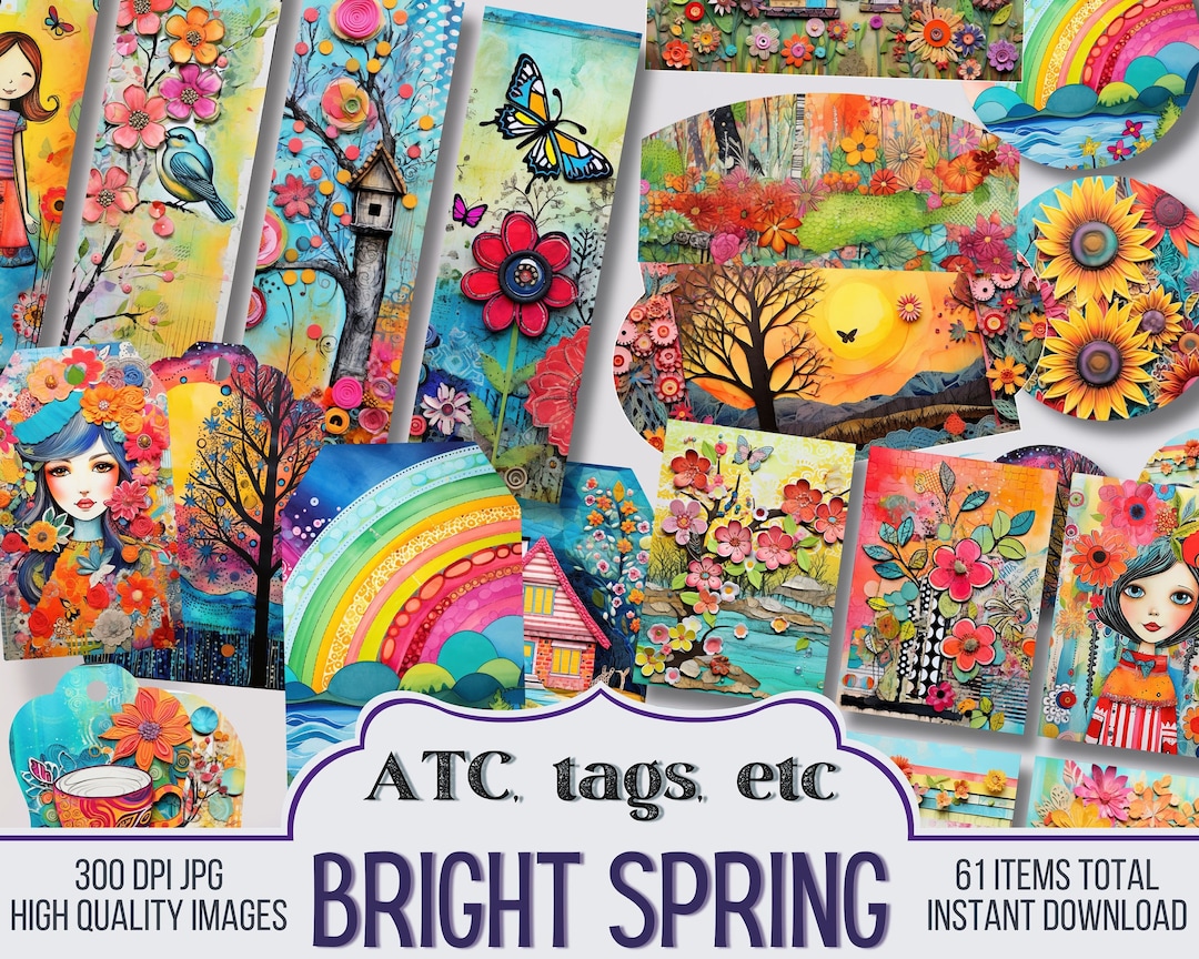Bright Spring Junk Journal Ephemera, ATC Cards, Tags, Pocket, Circles ...