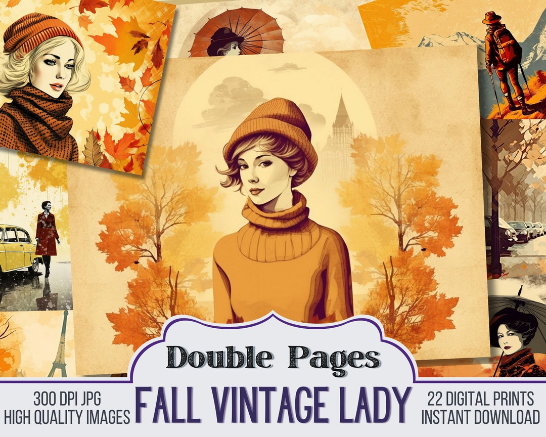Vintage Fall Lady Junk Journal Double Papers, Scrapbook Supply - 22 ...
