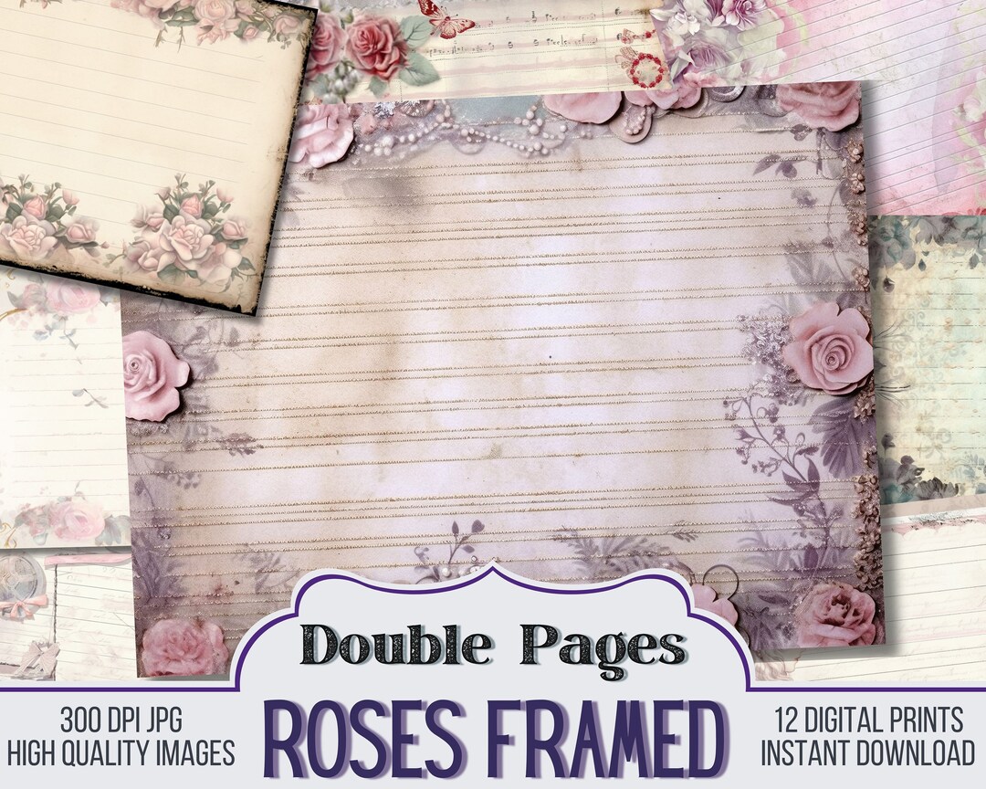 Roses Framed Lined Blank Vintage Junk Journal Papers, Journal Scrapbook ...