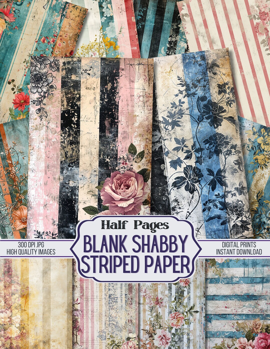 Blank Shabby Striped Paper Junk Journal Half Papers - 26 Vintage Blank ...
