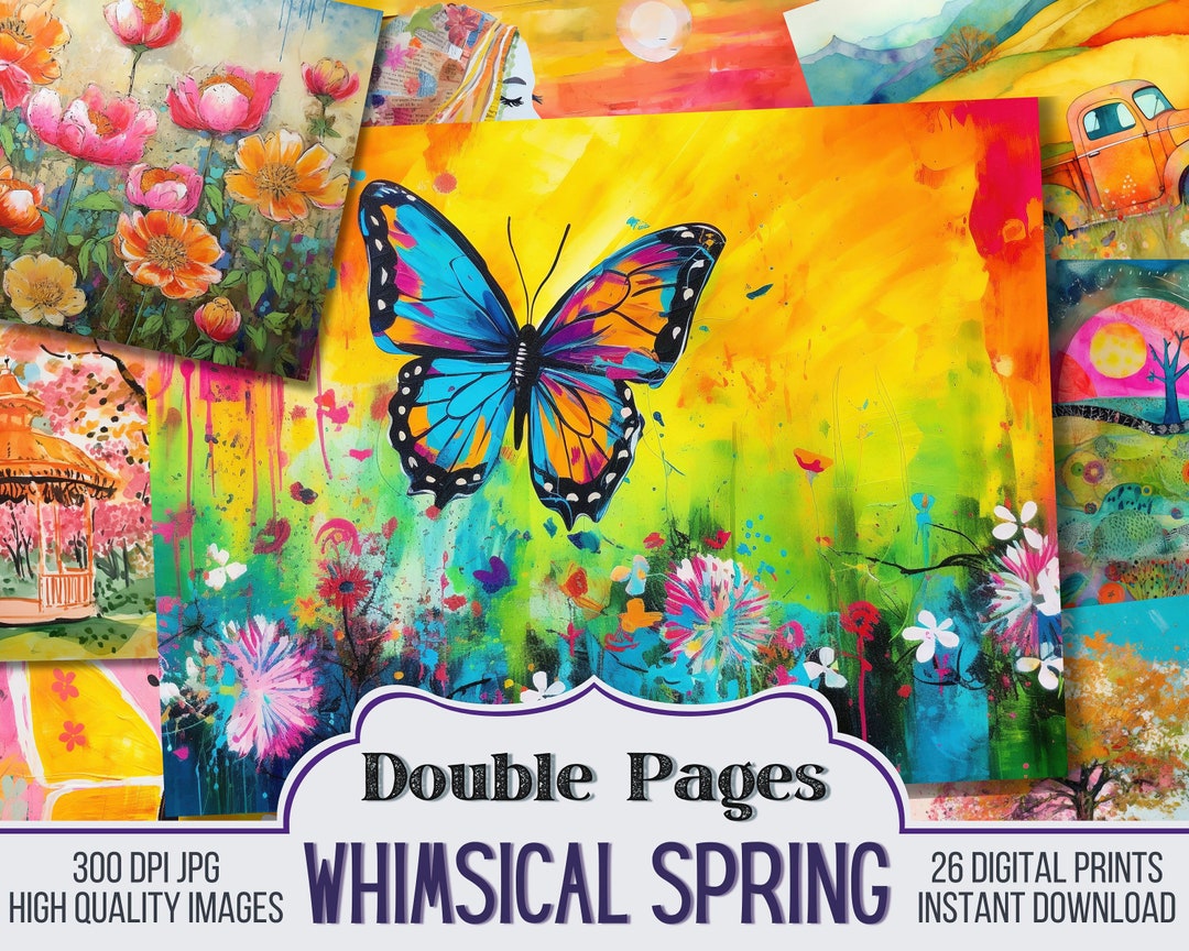 Bright Whimsical Spring Junk Journal Double Papers, Scrapbook Supply 26 ...