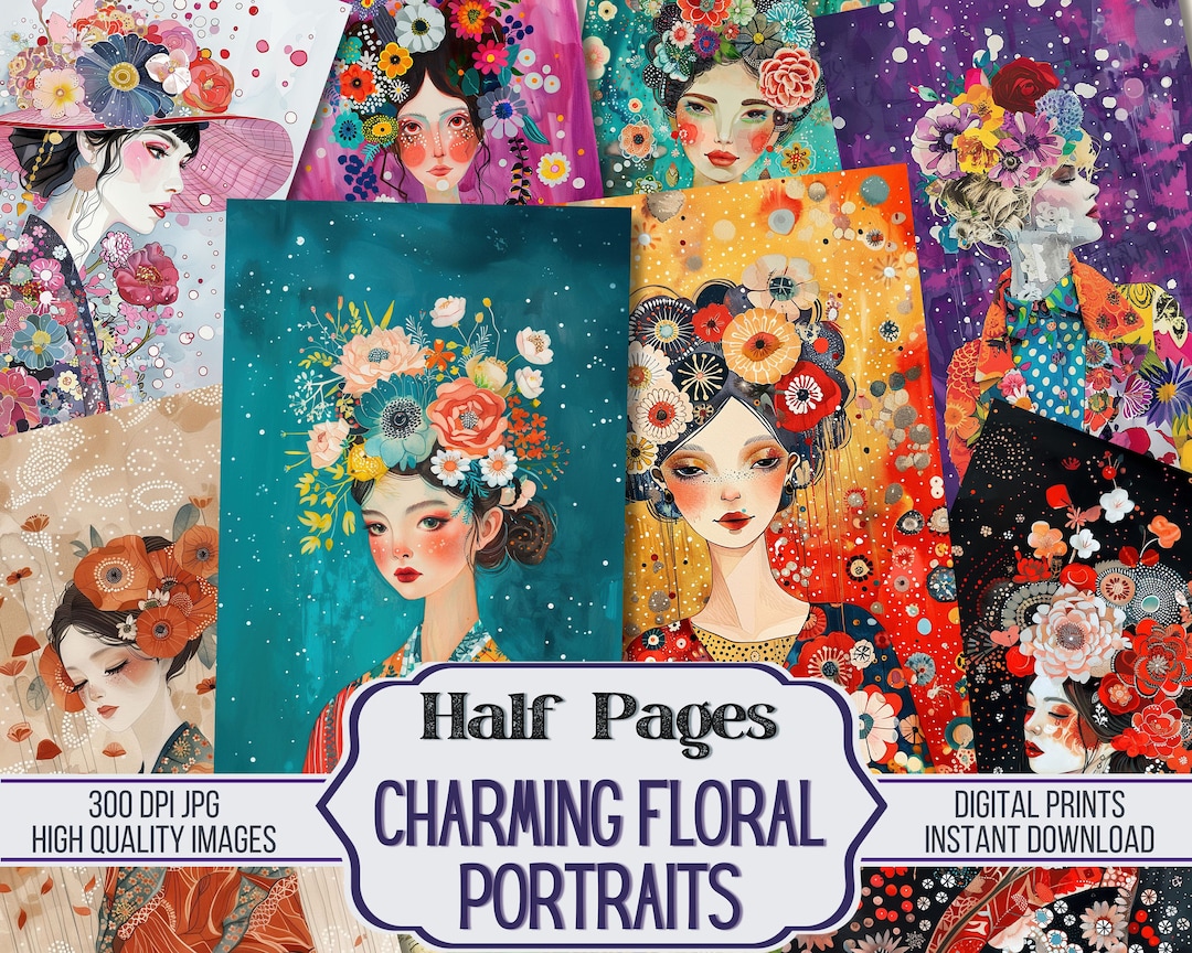 Charming Floral Portraits Junk Journal Half Papers - 20 Ladies Portrait ...