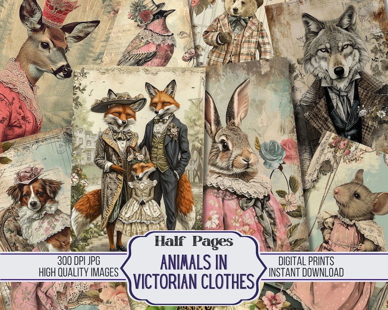 Animals in Victorian Clothes Junk Journal Half Papers - 20 Vintage ...