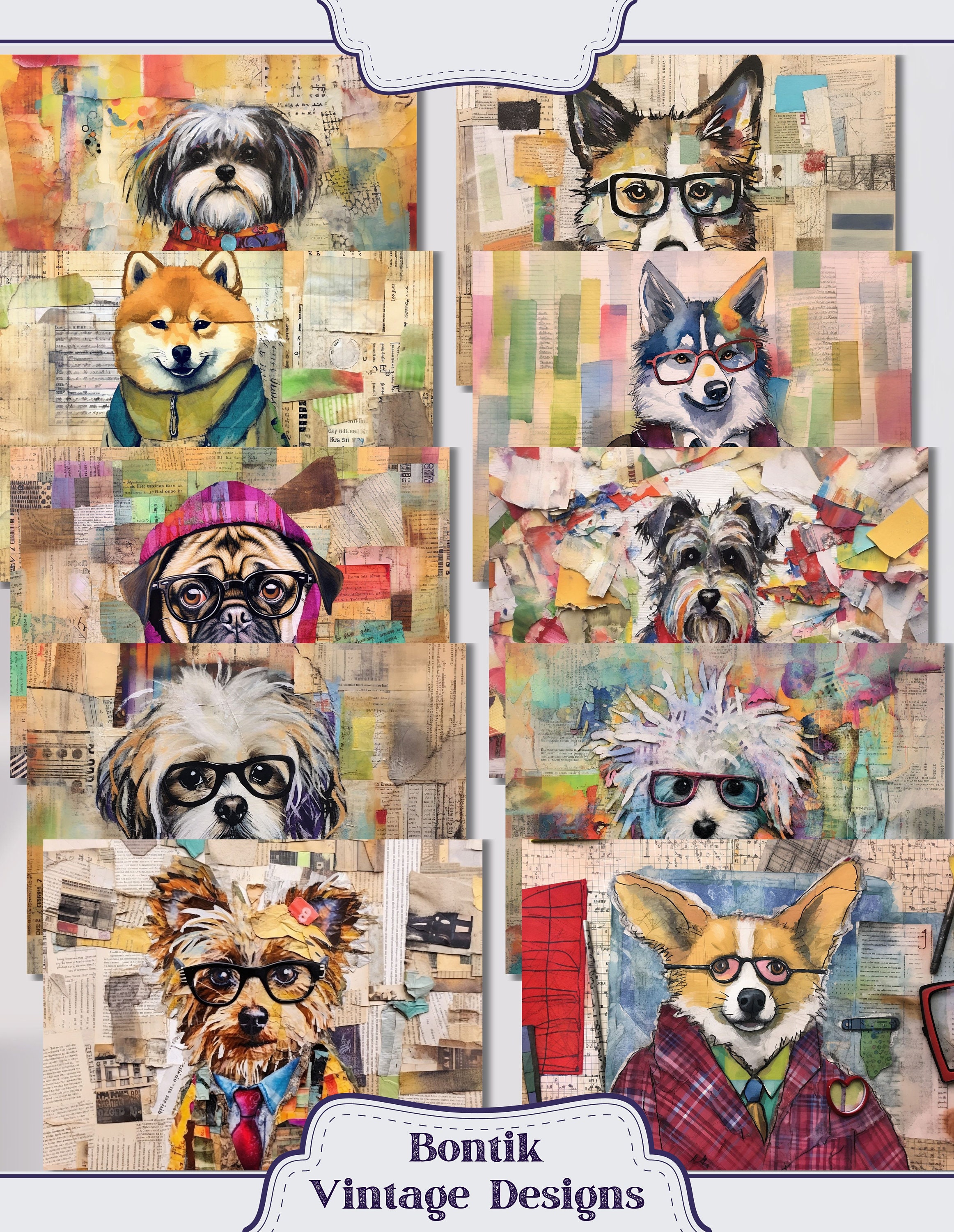 Dogs in Clothes on Ephemera Junk Journal Double Papers, 22 Decorative ...