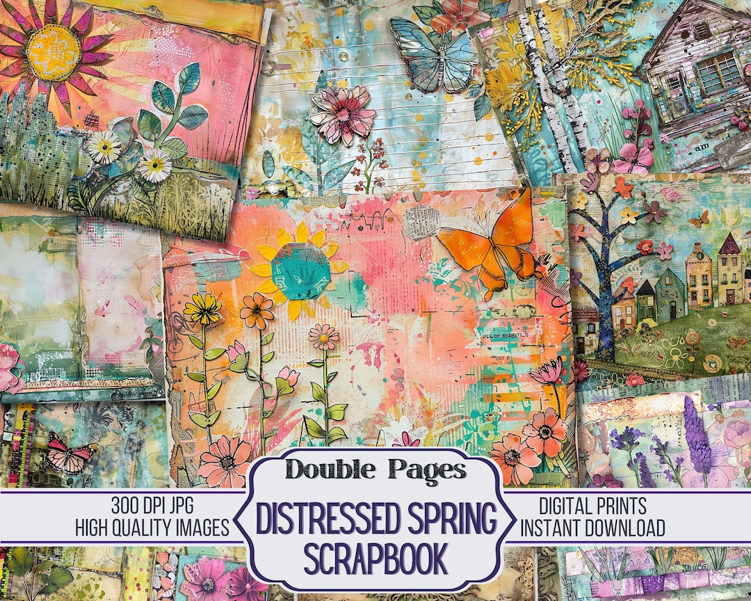 Distressed Spring Scrapbook Junk Journal Double Papers, 24 Grungy ...