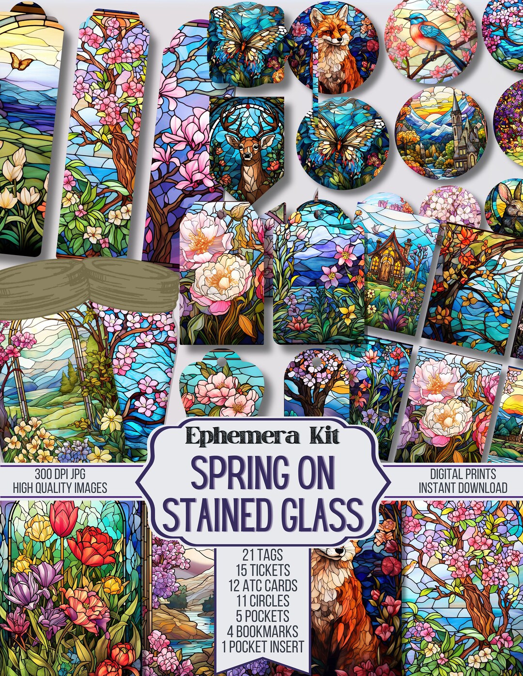 Spring on Stained Glass Junk Journal Ephemera Kit, Tickets, ATC, Tags ...