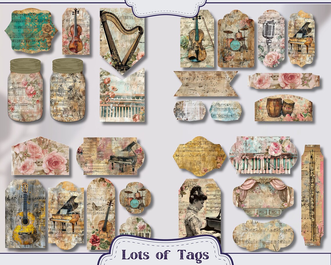 Retro Instrument Ensemble Junk Journal Ephemera Kit, Tickets, ATC, Tags ...