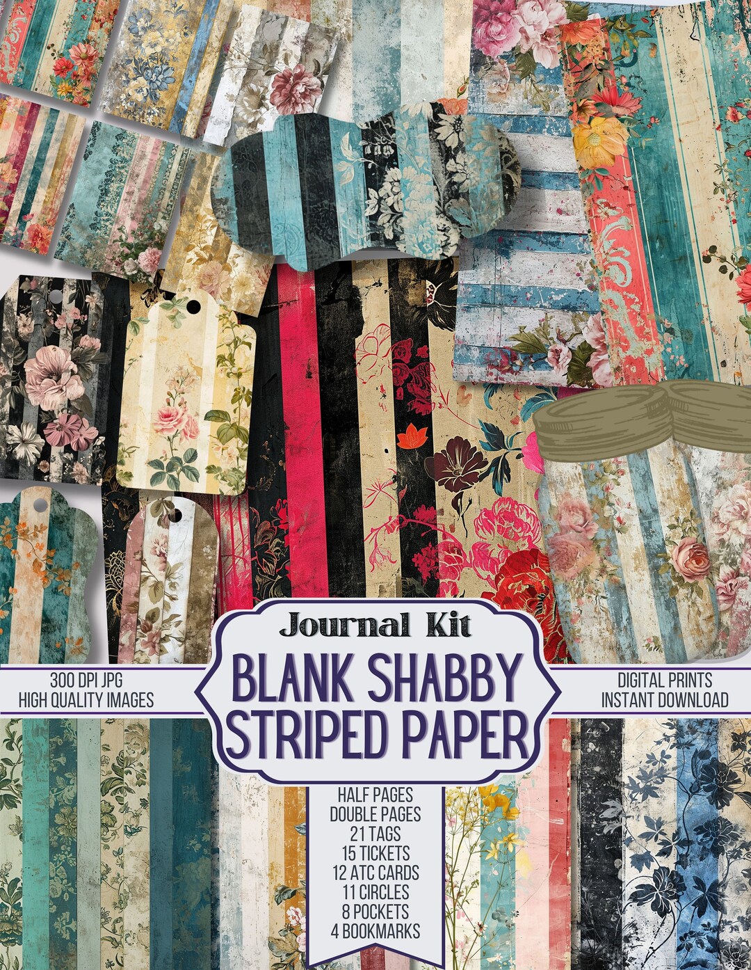Blank Shabby Striped Paper Junk Journal Kit, Vintage Pages, ATC, Tags ...