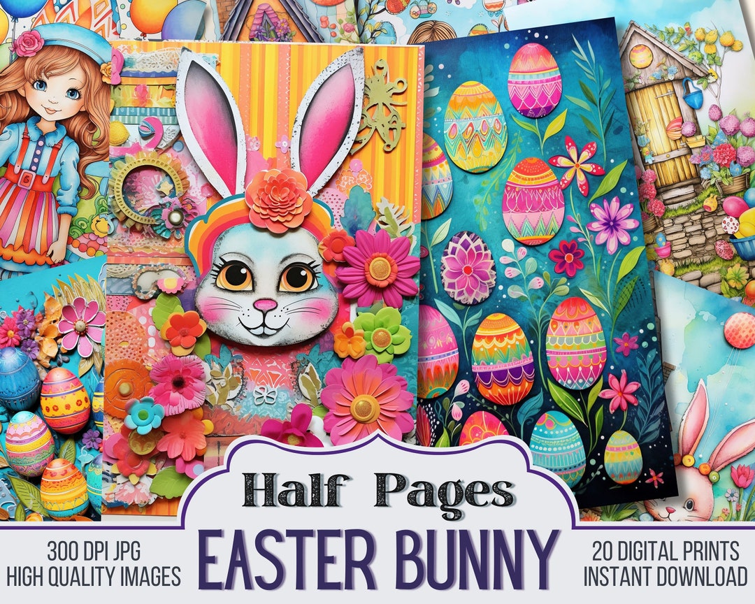 Easter Bunny Vintage Junk Journal Half Papers, Scrapbook Supply - 20 ...