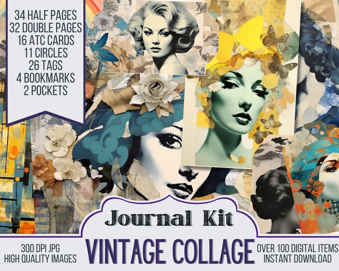 Mixed Media Vintage Collage Journal Kit Ephemera Atc Tags Pocket