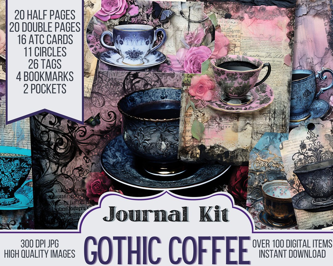 Gothic Coffee Cups Journal Kit Ephemera, ATC, Tags, Pocket, Scrapbook ...