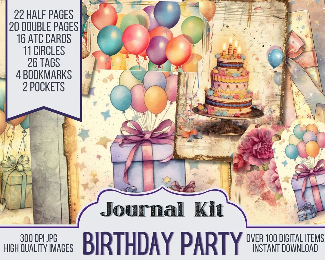 Birthday Party Junk Journal Kit Ephemera, ATC, Tags, Pocket, Journal ...