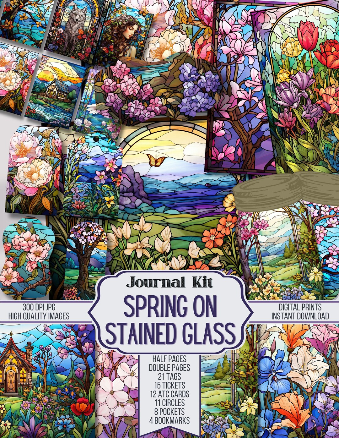 Spring on Stained Glass Junk Journal Kit Ephemera, ATC, Tags, Pocket ...