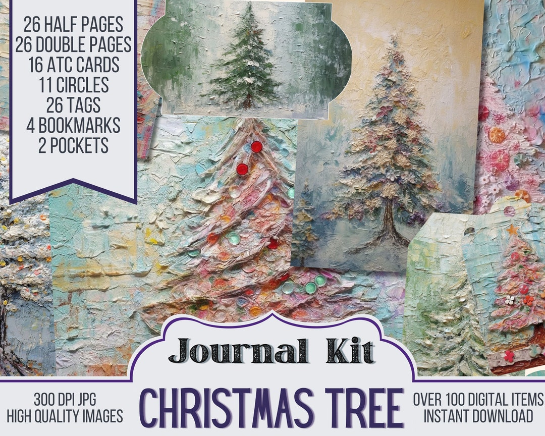 Oil Painted Christmas Tree Junk Journal Kit Ephemera, ATC, Tags, Pocket ...