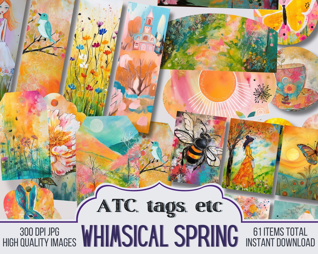 Bright Whimsical Spring Junk Journal Ephemera, ATC Cards, Tags, Pocket ...