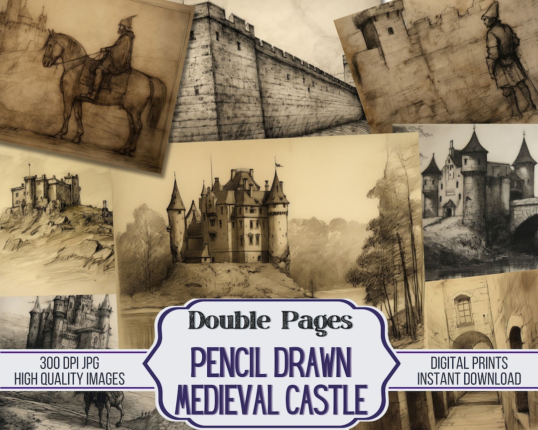 Pencil Drawn Medieval Castle Junk Journal Double Papers, 26 Decorative ...