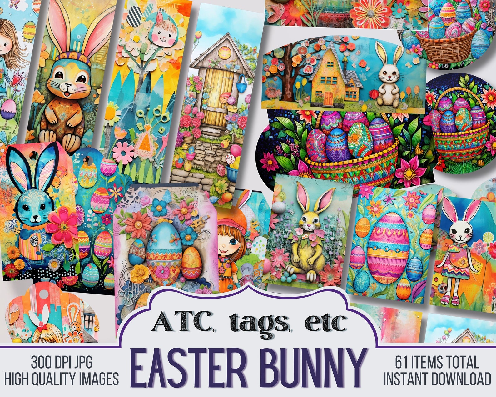 Easter Bunny Junk Journal Ephemera, ATC Cards, Tags, Pocket, Circles ...