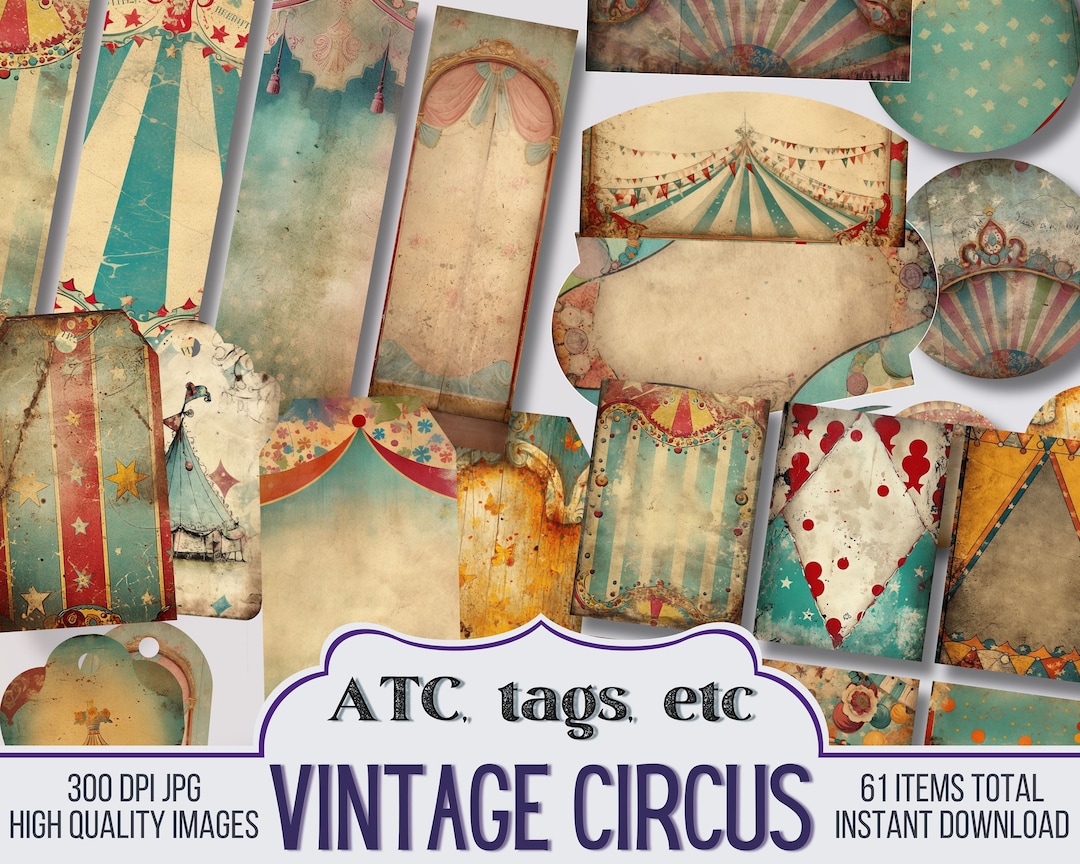 Vintage Circus Paper Junk Journal Ephemera, ATC Cards, Tags, Pocket ...