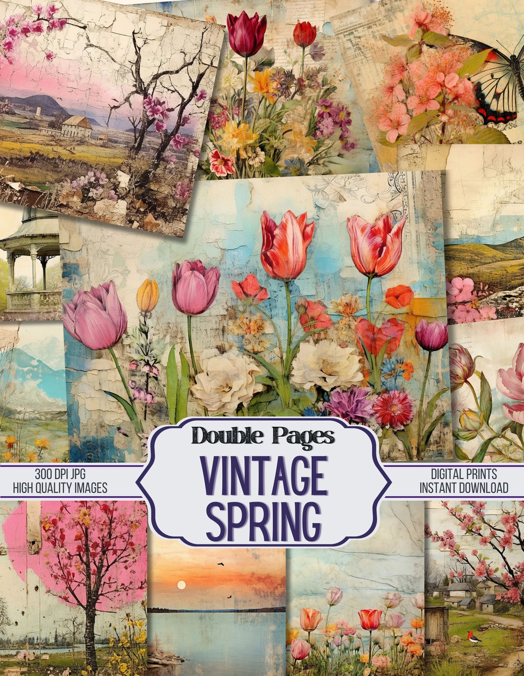 Vintage Spring Junk Journal Double Papers, 20 Spring Printable ...