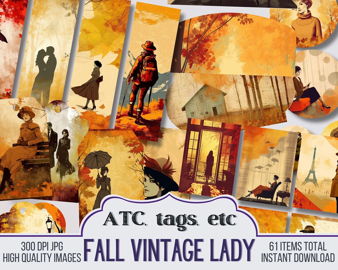 Autumn Printable Ephemera Pack Fall Vintage Lady, Printable Fall ATC ...