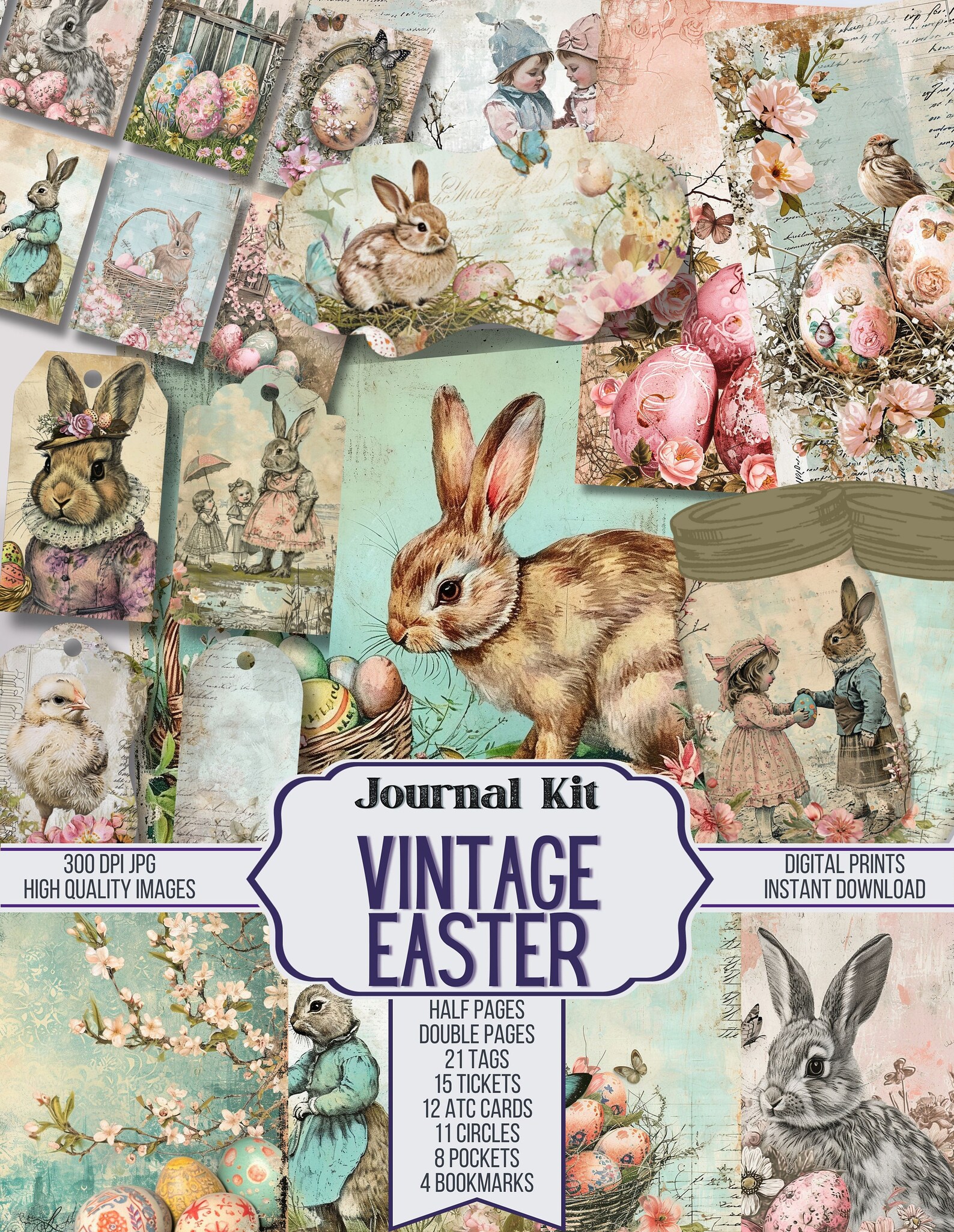Vintage Easter Junk Journal Kit Ephemera, Easter Bunny Pages, ATC, Tags ...