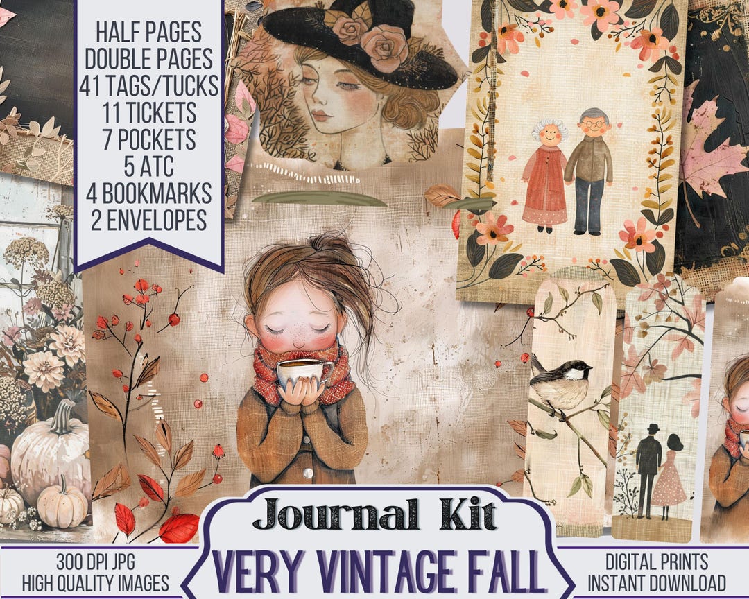 Very Vintage Autumn Junk Journal Kit Includes 40 Printable Pages & 81 ...